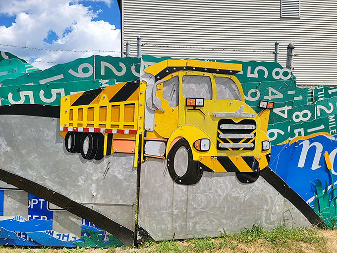 This yellow dump truck might be the only one in Pennsylvania that never needs maintenance. Crafted entirely from caution signs, it hauls nothing but smiles and double-takes.