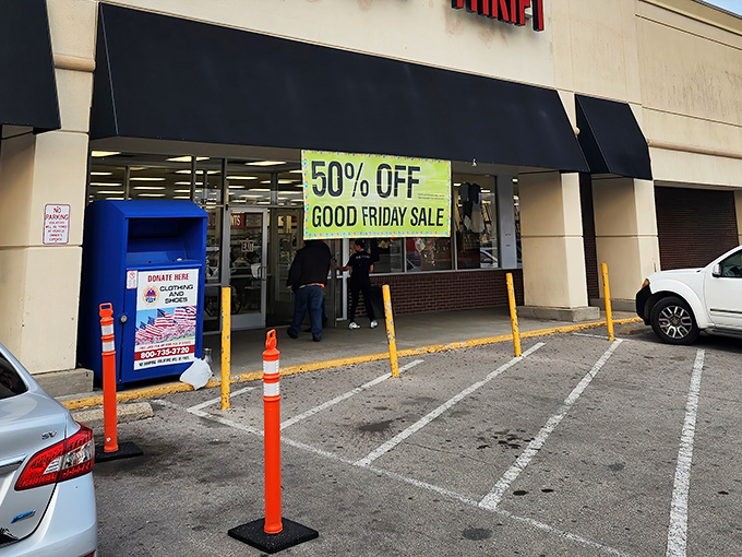 The "50% OFF Good Friday Sale" sign might as well read "Abandon all financial restraint, ye who enter here."