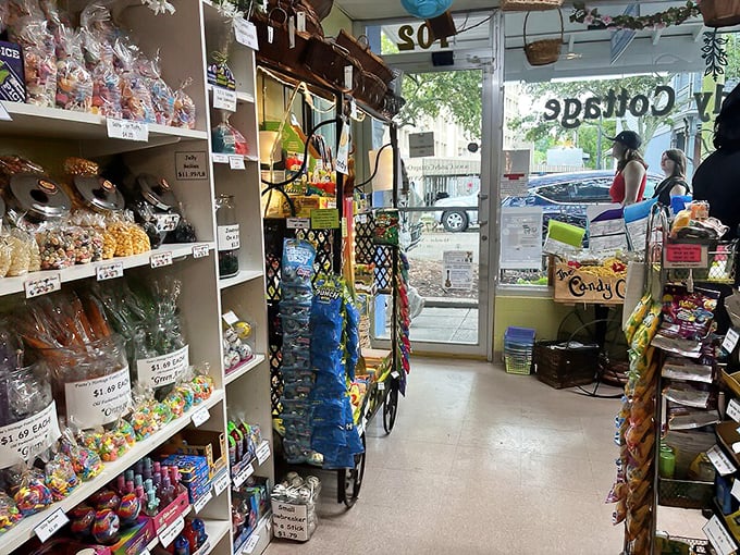 The narrow candy corridor feels like stepping into a delicious time machine, with shelves of wrapped treasures lining both sides.