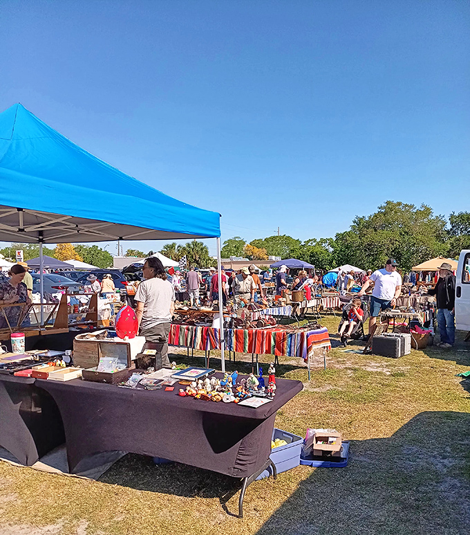 The colorful dance of commerce unfolds beneath a perfect sky. Every table tells a different story, every item waits for someone to recognize its value.