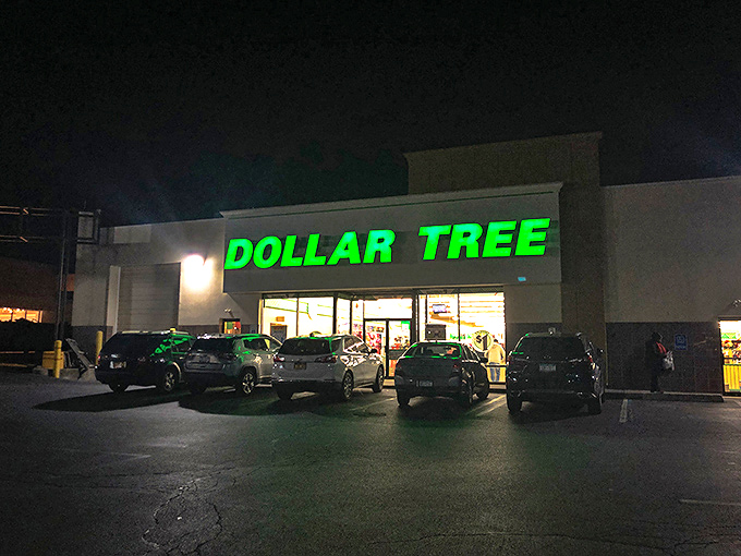 Even after dark, the glowing green sign draws night owls seeking last-minute party supplies or midnight snack runs without breaking the bank.