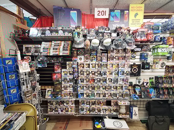 Funko Pop heaven! A collector's dream where vinyl figures stand in formation like tiny plastic soldiers guarding the gateway to nostalgic bliss.