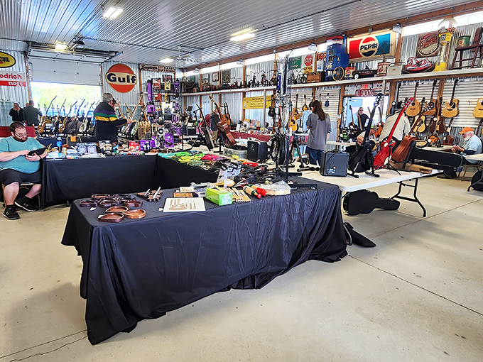 A guitarist's paradise awaits in this corner of Jake's, where vintage instruments hang like ripening fruit, each with stories of past performances etched into their wood.