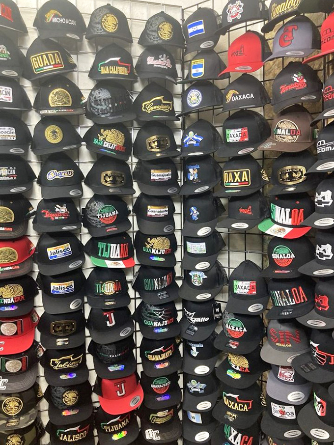 A wall of identity and heritage&mdash;these Mexican state and city caps aren't just headwear, they're wearable hometown pride for Salem's diverse community.