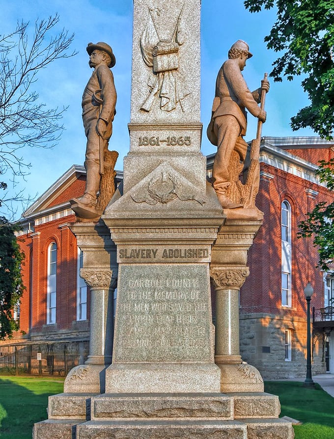 This Civil War monument stands as a solemn reminder of Carroll County's contributions, the stone soldiers eternally vigilant against forgetting our shared history.