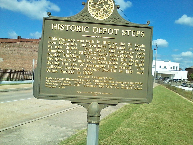 The Historic Depot Steps marker tells the tale of Poplar Bluff's railroad glory days, when these steps welcomed thousands of travelers.