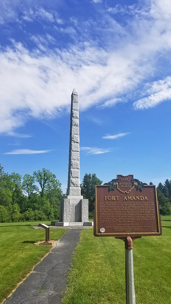 Fort Amanda's limestone monument reaches skyward like a celestial bookmark, commemorating history while providing excellent selfie opportunities for history buffs.