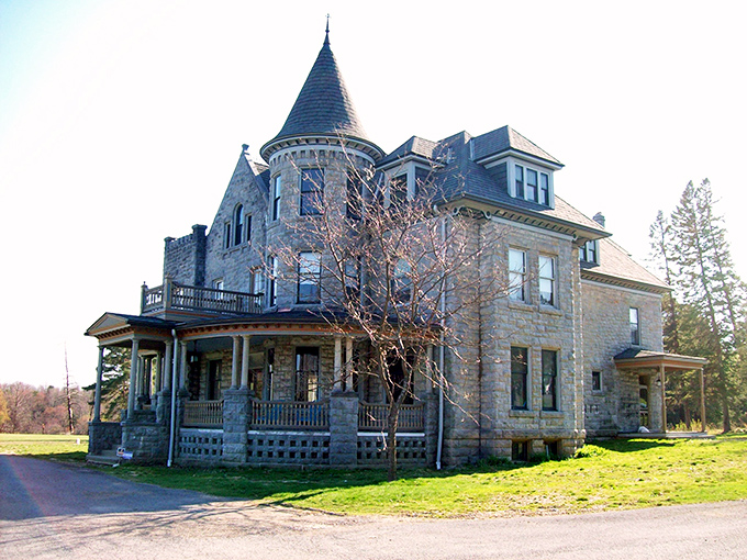 This stone mansion with its dramatic turret looks like it's auditioning for a Wes Anderson film. Victorian grandeur meets Pennsylvania practicality in every carefully placed stone.