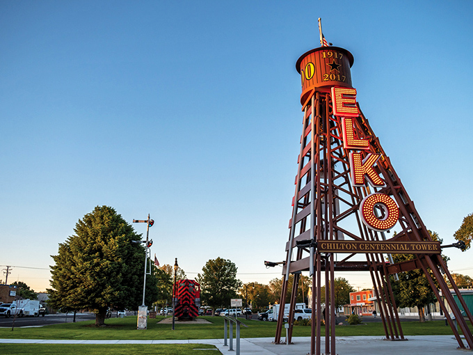 The Elko Centennial Tower stands as a colorful reminder of the city's mining heritage, like a birthday cake for the earth itself.
