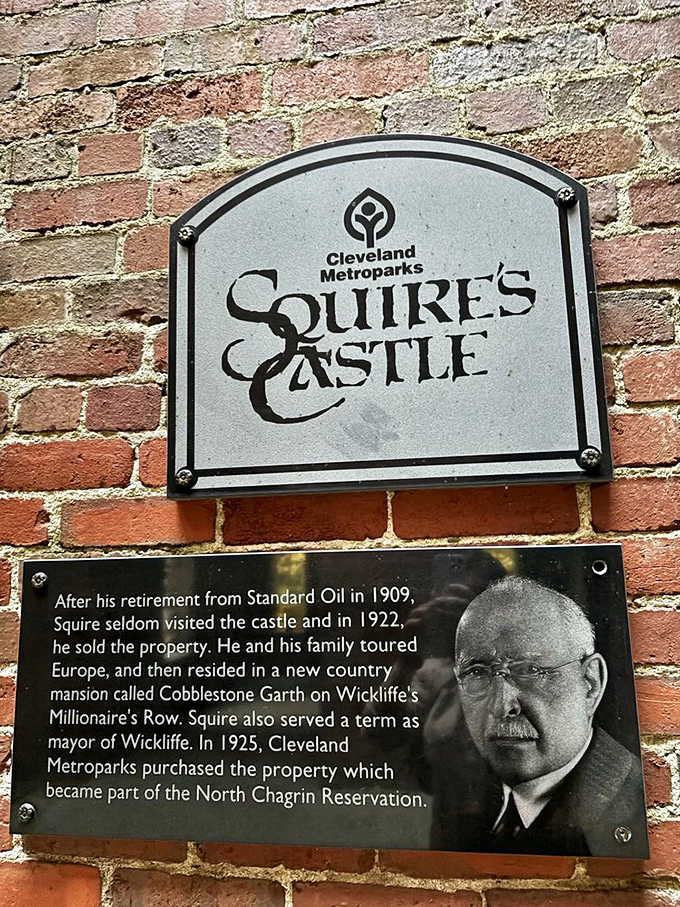 History etched in stone&mdash;this plaque reveals the surprising journey of Squire's Castle from oil magnate's dream to beloved public treasure.