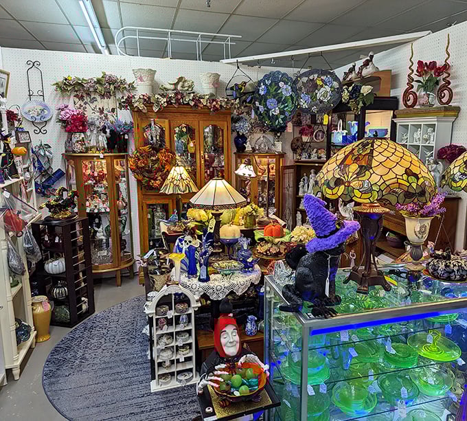 A kaleidoscope of Tiffany-style lamps and colorful glassware creates a stained-glass wonderland. My grandmother would have emptied her purse in thirty seconds flat.