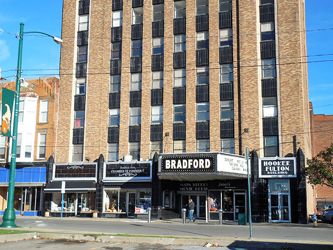 The Hooker-Fulton Building anchors downtown Bradford with vintage theater marquee charm, a living postcard from America's Main Street heyday.