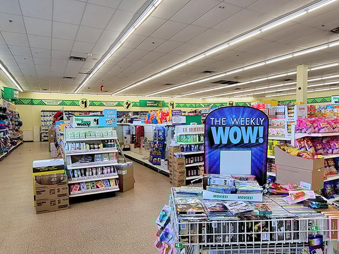 Fluorescent lighting illuminates a treasure map of aisles, each one promising discoveries that won't break the bank.