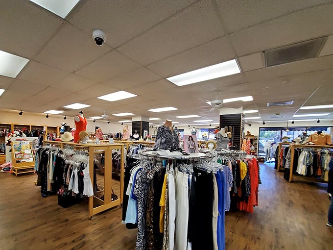 Racks upon racks of carefully organized clothing await, proving that "secondhand" and "second-rate" are two entirely different concepts.