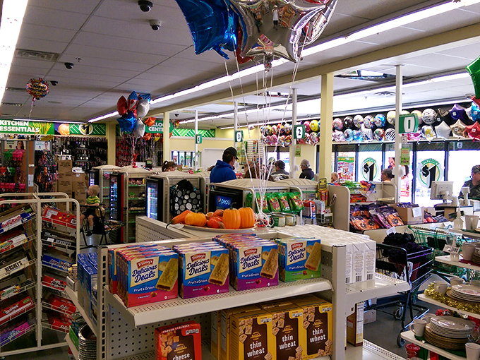 Balloon bouquets and snack displays greet shoppers like old friends – the universal language of "welcome to affordable paradise."