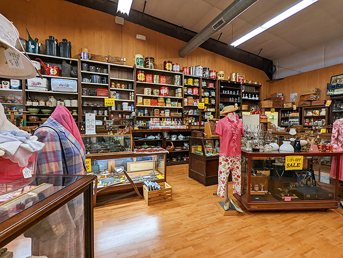 Vintage tins, colorful collectibles, and a mannequin dressed better than most of us. This corner alone could keep you browsing until closing time.