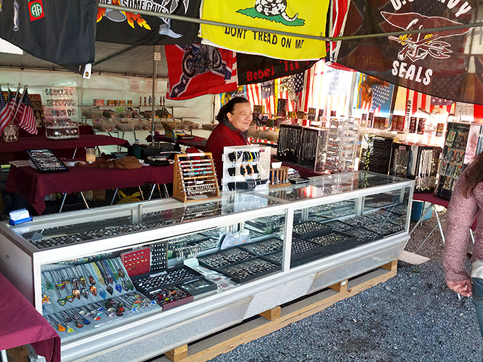 Not all that glitters is gold, but at this jewelry stand, some of it definitely is! Flags flutter above cases of sparkling possibilities.