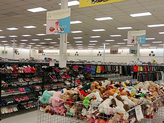 A plush toy paradise where stuffed animals patiently wait for their forever homes, surrounded by shoes that have stories to tell.