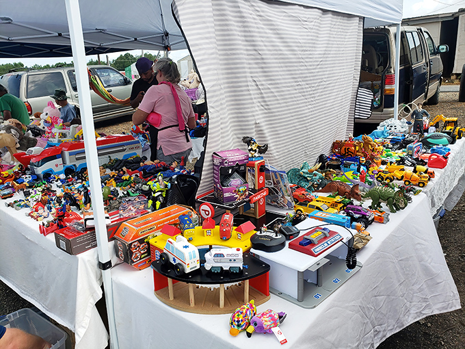 Childhood joy by the tableful! This colorful explosion of toys proves one shopper's spring cleaning becomes another family's Christmas morning magic.