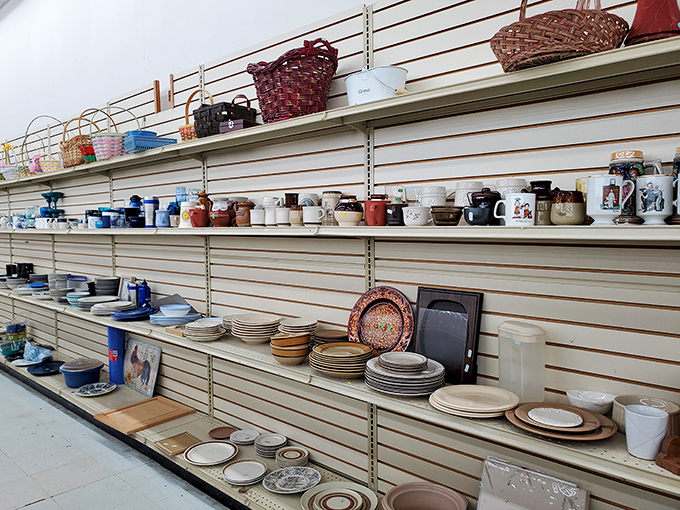 These shelves tell stories of countless family dinners, holiday gatherings, and that one aunt who collected decorative plates.