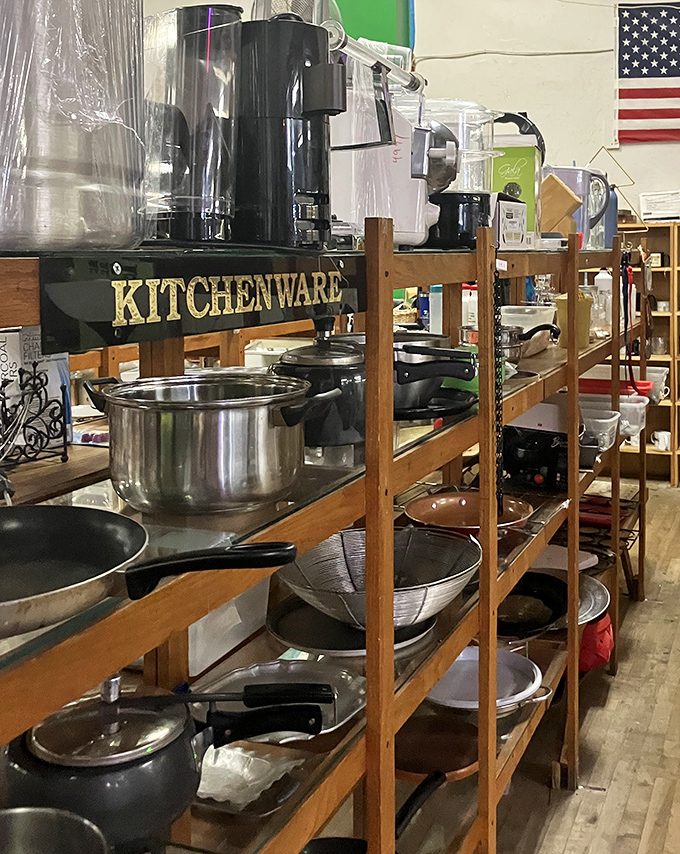 Julia Child would have a field day here &ndash; perfectly seasoned cast iron pans and coffee makers waiting for their second act in your kitchen.