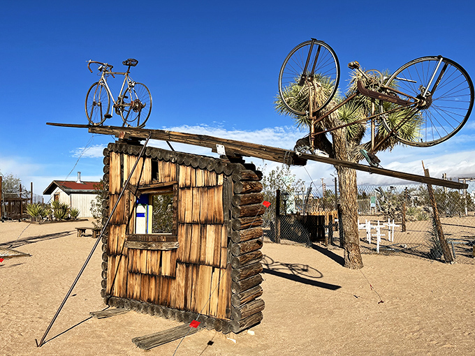 Who needs a tiny house when you can have a tiny art shack? Complete with bicycles perched precariously on the roof like mechanical birds ready to take flight.