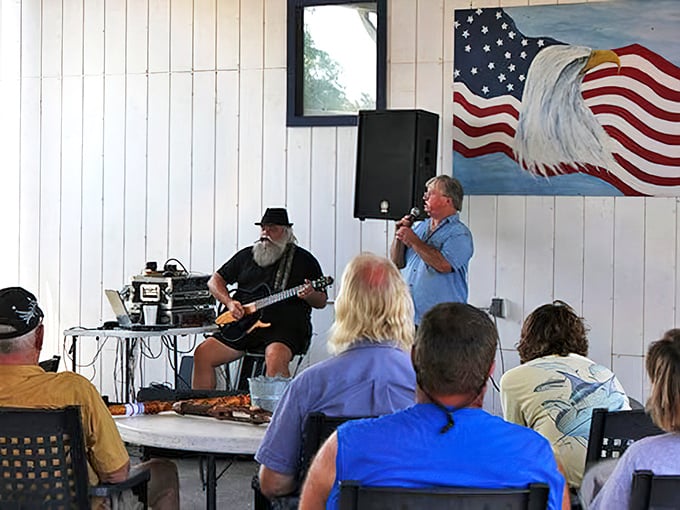 Nothing says "authentic Mississippi experience" like live music under an American flag. Weekend soundtrack: provided.