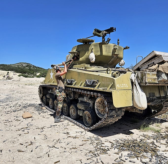 Getting up close with history has never been so hands-on. This vintage Sherman tank awaits its next commander in the Texas sun.