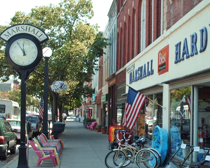 That town clock isn't decorative&mdash;it's been keeping Marshall on schedule for generations, while those colorful benches invite you to slow down and enjoy the view.