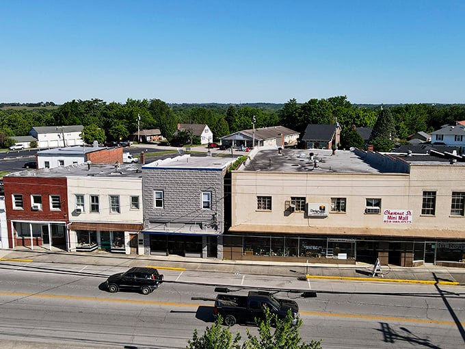 A bird's-eye view of Berea's downtown reveals the patchwork of historic buildings nestled against rolling Kentucky hills&mdash;small-town America in its most photogenic form.
