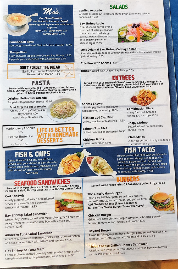 This menu isn't just a list of options&mdash;it's a treasure map to seafood nirvana. The "Cannonball" bread bowl alone is worth the pilgrimage.