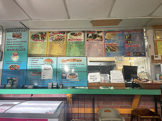 A menu that reads like a love letter to Mexican cuisine. Each colorful panel promises authentic delights that'll have you planning your next visit before finishing your first meal.