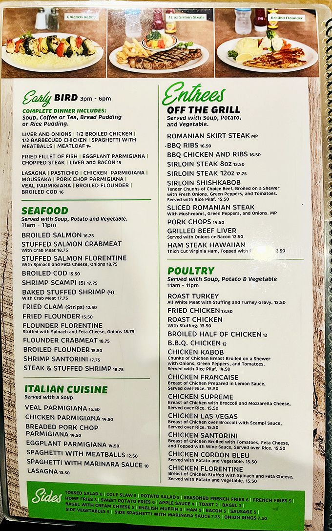 A menu so extensive it could double as light reading material. From Romanian skirt steak to flounder Florentine, this isn't your average greasy spoon.