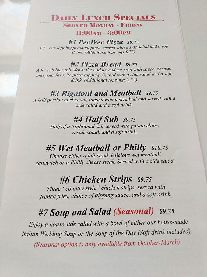 Daily lunch specials that make choosing harder than parallel parking—each option a gateway to Italian-American bliss without breaking the bank.