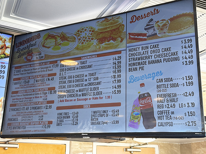 This menu board isn't just a list of food&mdash;it's a roadmap to happiness with breakfast served all day and chicken prepared with time-honored perfection.