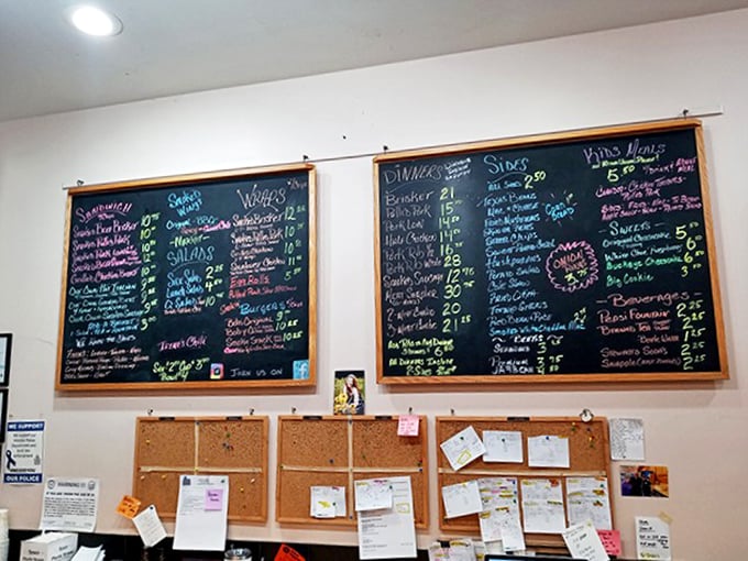 Chalkboard menus: where BBQ dreams are born and diet plans go to die. The colorful handwriting somehow makes everything look even more delicious.