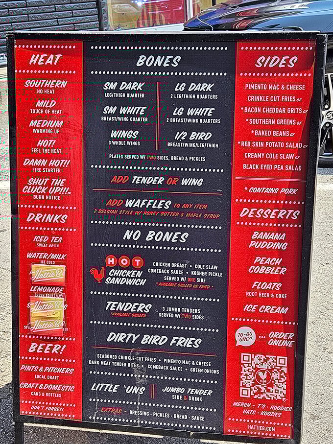 The heat scale ranges from "Southern" (no heat) to "Shut the Cluck Up!!!" (burn notice). Choose wisely, brave souls.