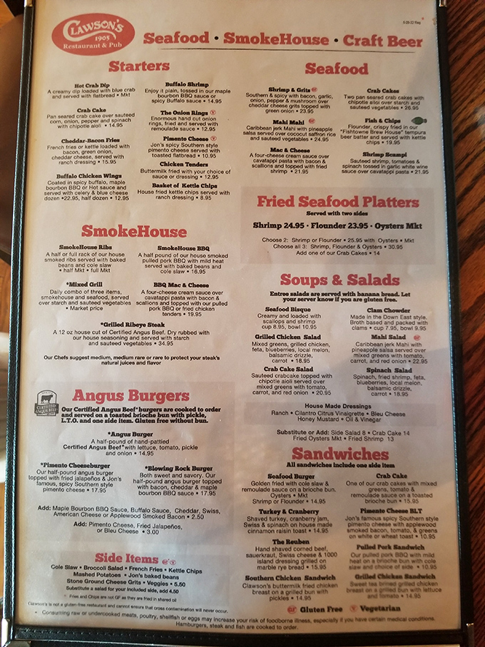 The menu reads like a love letter to coastal Carolina cuisine, with seafood taking center stage in this culinary symphony.