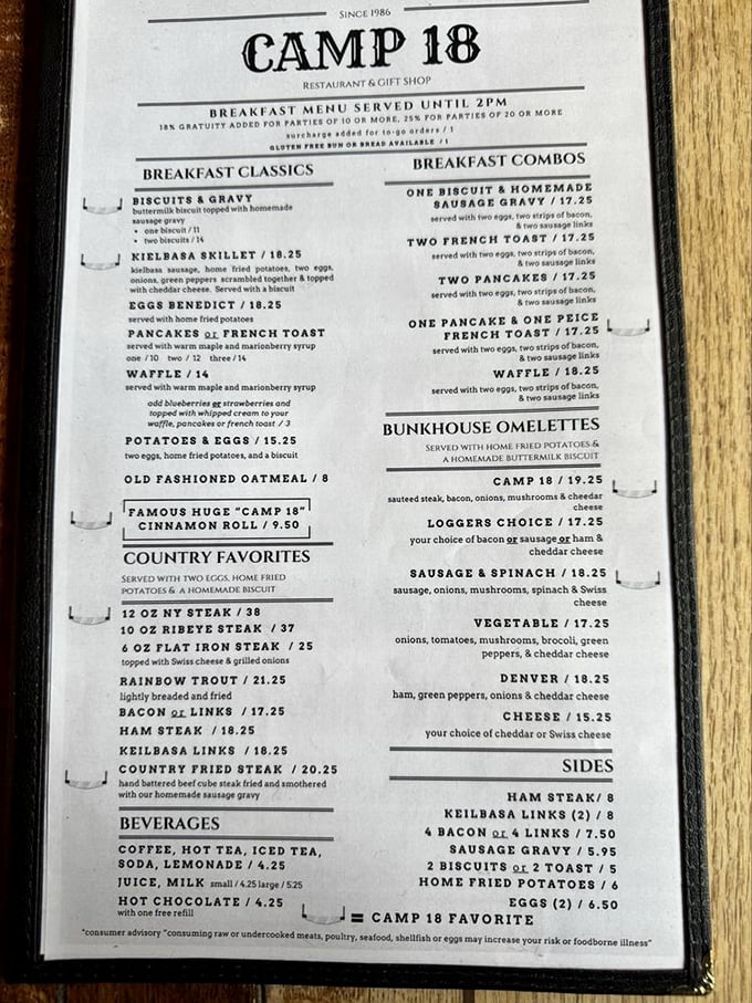 The menu reads like a lumberjack's dream journal &ndash; hearty classics that could fuel a day of forest work or, in my case, an afternoon nap.
