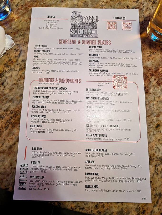 This menu reads like a culinary love letter to comfort food, with enough global influences to make your passport jealous.