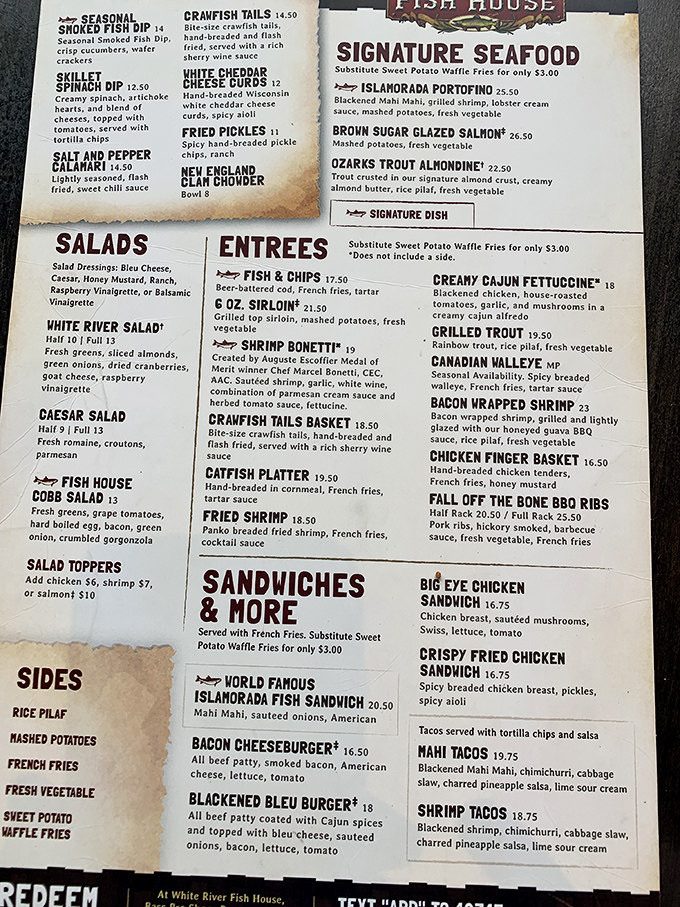 This isn't just a menu—it's a treasure map. Each item promises a delicious adventure, from Ozarks Trout Almondine to those legendary Fish and Chips.