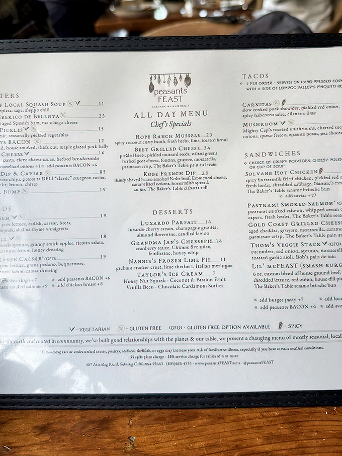 This menu might be from a neighboring restaurant, but like Olsen's, it celebrates the culinary treasures of the region. Food that makes you want to linger.