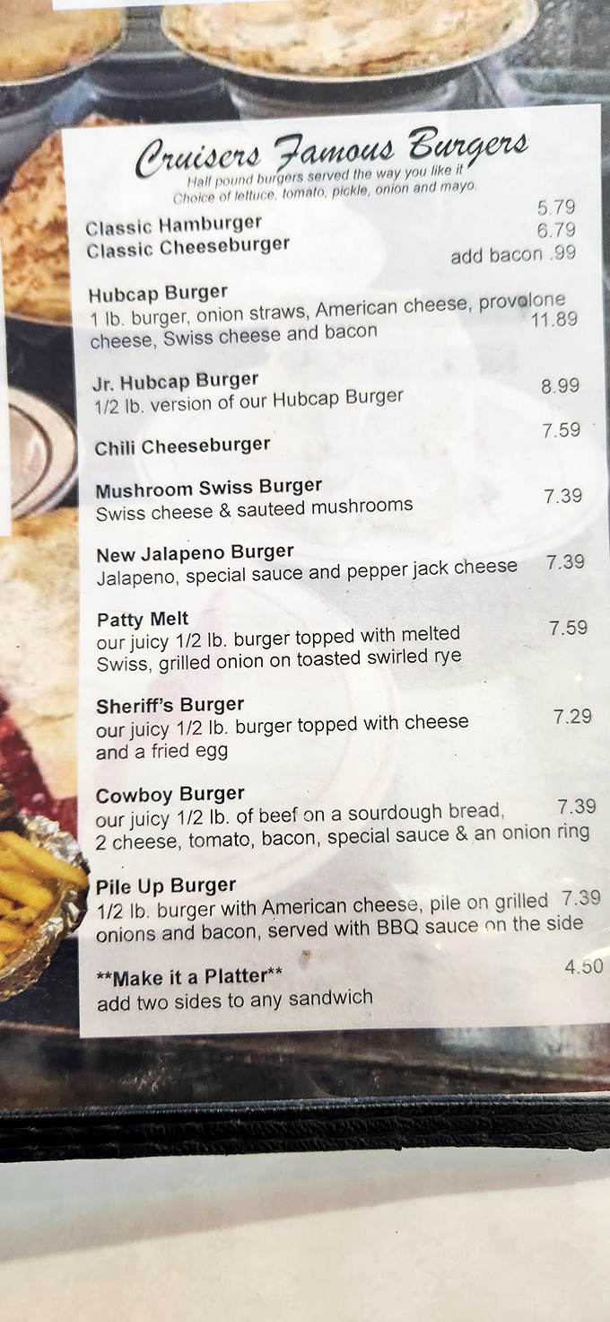 The menu reads like a love letter to American classics. That Hubcap Burger isn't just named for its size&mdash;it's practically automotive in scale! 