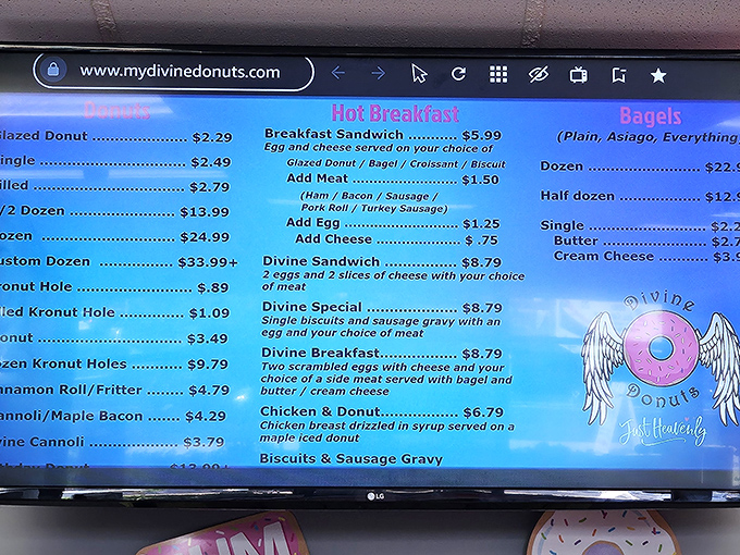 The menu board reads like a love letter to breakfast indulgence. Notice how they don't just sell donuts&mdash;they offer morning salvation in multiple forms.