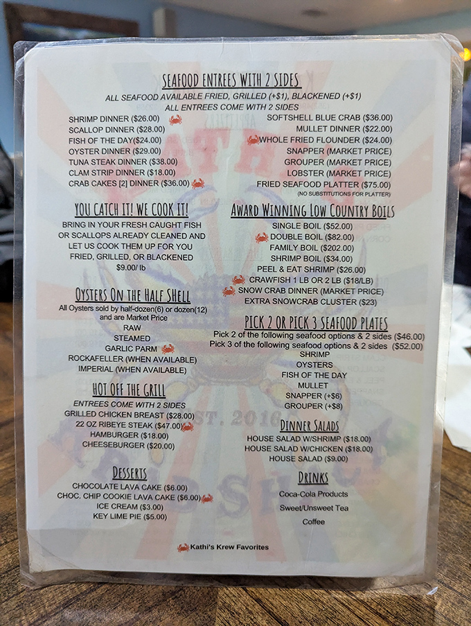 This menu isn't just a list&mdash;it's a treasure map to seafood nirvana. The "You Catch It! We Cook It!" option is Florida dining at its most authentic.