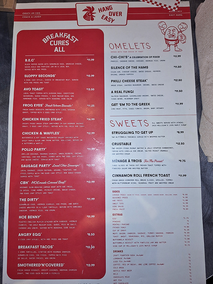 A menu that understands the morning struggle. "Breakfast Cures All" isn't just clever marketing&mdash;at HangOverEasy, it's a solemn promise delivered with a wink.