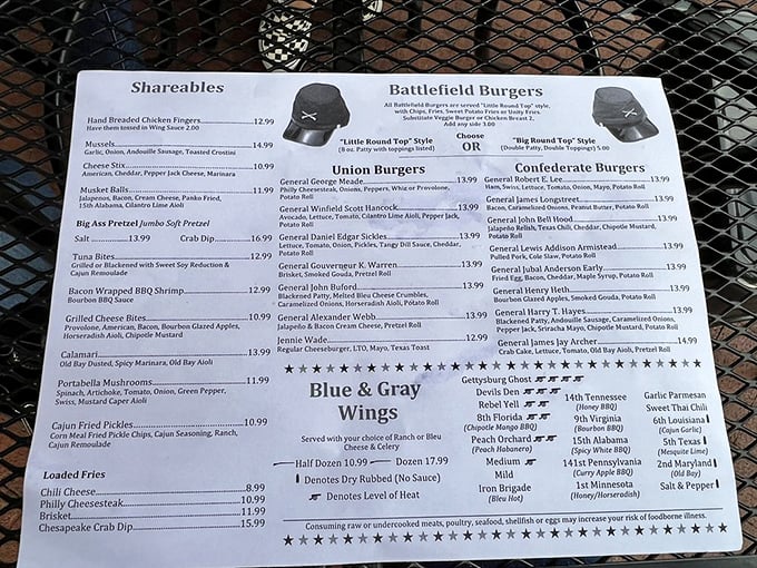The menu reads like a delicious history lesson&mdash;Civil War generals become burger inspirations while wings get ranked by battle intensity.