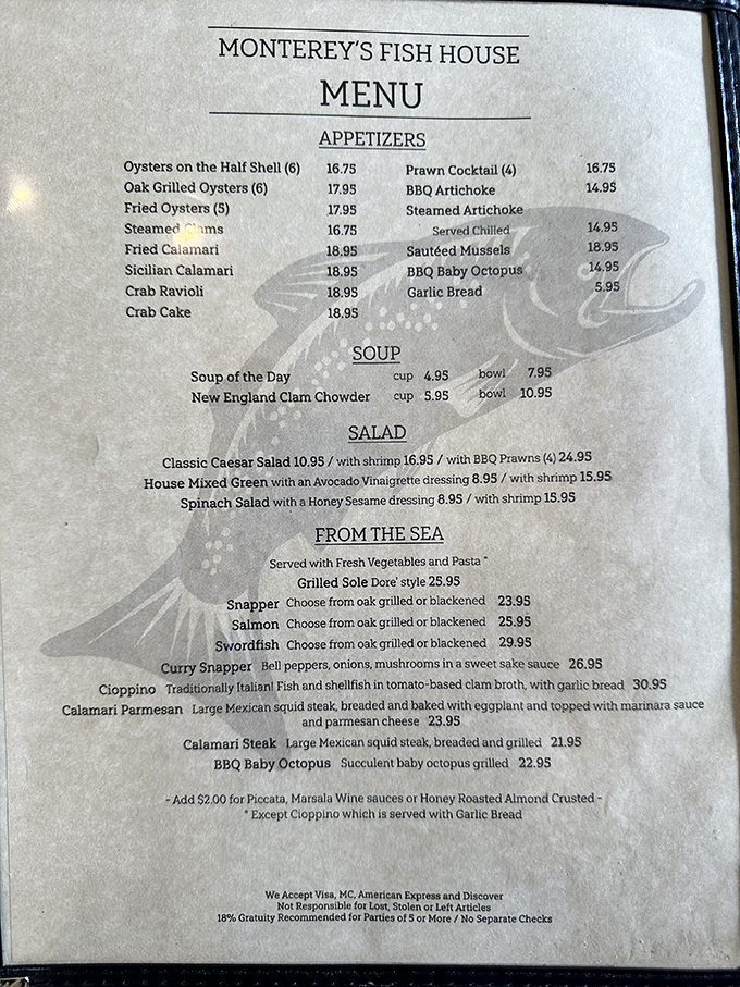 This menu isn't just a list of dishes&mdash;it's a treasure map to seafood nirvana. X marks the spot at "Oak Grilled Oysters."