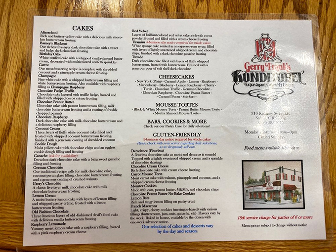 The menu reads like a love letter to cake enthusiasts—each description promising a different path to dessert nirvana.