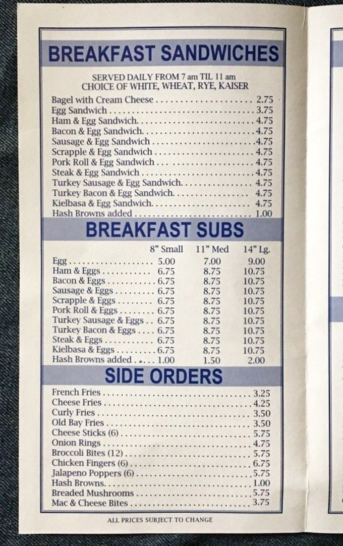 The breakfast menu reads like poetry to the hungry morning crowd – egg sandwiches, breakfast subs, and the promise of hash browns for just a buck more.